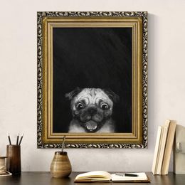 Bilderwelten Bild mit Barockrahmen Antik Tiere modern Aquarell schwarz weiss - Illustration Hund Mops Malerei auf Schwarz Wei&szlig; - Hund Wohnzimmer Schlafzimmer