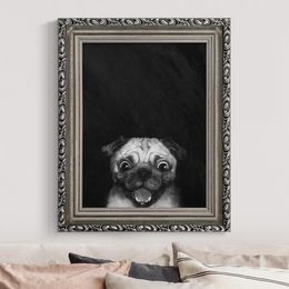 Bilderwelten Leinwandbild mit Barockrahmen Illustration Hund Mops Malerei auf Schwarz Wei&szlig;