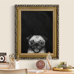 Gerahmtes Leinwandbild Illustration Hund Mops Malerei auf Schwarz Wei&szlig;