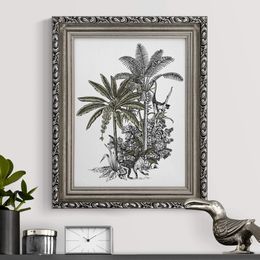 Bilderwelten Bild mit Barockrahmen Antik Tiere Tropisch Barock weiss - Vintage Illustration - Affen und Palmen - Pflanzen Wohnzimmer Schlafzimmer