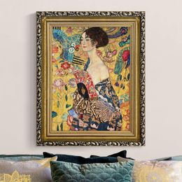 Bilderwelten Bild mit Barockrahmen Antik originell modern Barock gelb - Gustav Klimt - Dame mit F&auml;cher - edle Optik Wohnzimmer Schlafzimmer
