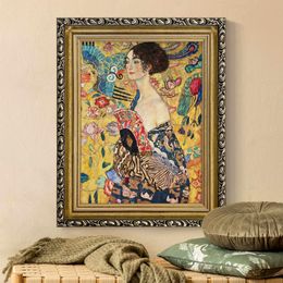 Gerahmtes Leinwandbild Gustav Klimt - Dame mit F&auml;cher