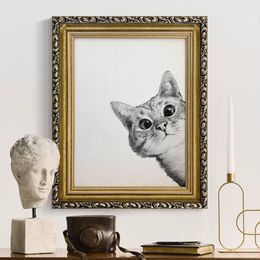 Bilderwelten Bild mit Barockrahmen Antik Tiere modern Aquarell schwarz weiss - Illustration Katze Zeichnung Schwarz Wei&szlig; - Katze Kinderzimmer Baby M&auml;dchen Jungen