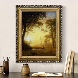 Bilderwelten Bild mit Barockrahmen Antik Wald modern Barock gelb - Albert Bierstadt - Sonnenbeschienene Lichtung - B&auml;ume Wohnzimmer Schlafzimmer