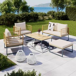 Loungegarnitur Silas Creme Holz/Outdoorstoff/Metall