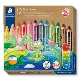 Staedtler Noris junior 140 Kindermalstift 3 in 1, Kartonetui mit 12 Malstiften in sortierten Farben und 1 Spitzer, 140 C12