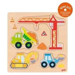 goki 57439 - Einlegepuzzle Baufahrzeuge, 12-teilig, Holz, 27x27cm