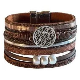 Armband "Blume des Lebens" Kunstleder braun, Metall silberfarben