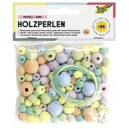 Folia Holzperlen PASTELL RUND, 50g/>85 Teile & 2x Schn&uuml;re &agrave; 85cm