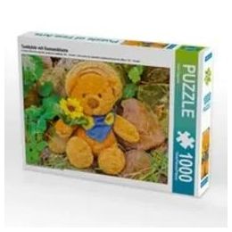 Calvendo Puzzle Teddyb&auml;r mit Sonnenblume 1000 Teile Lege-Gr&ouml;&szlig;e 64 x 48 cm Foto-Puzzle Bild von Karin Sigwarth