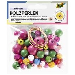 Folia Holzperlen BUNT RUND, 60g/>85 Teile & 2x Schn&uuml;re &agrave; 85cm