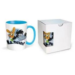 Tr&ouml;tsch Tasse Hase & Wolf Nu pogodi Nu pagadi Keramiktasse wei&szlig;/blau