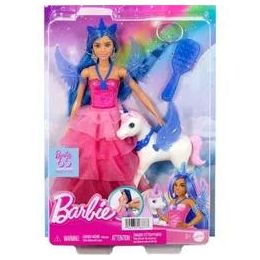 Mattel Barbie Einhorn-Spielzeug, Puppe zum 65. Jubil&auml;um mit blauen Haaren, pinkfarbenem Kleid und Haustier-Einhorn