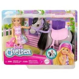 Mattel Barbie Chelsea Spielzeugset mit Puppe und Pferd, enth&auml;lt Helm-Zubeh&ouml;rteil, Puppe kann zum &bdquo;Reiten&ldquo; die Knie anwinkeln, Pony