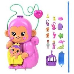 Polly Pocket Affenmama und Baby Spielset mit 2 kleinen Puppen, Haustieren und 13 Accessoires, 2-in-1 Tasche und Spielzeug