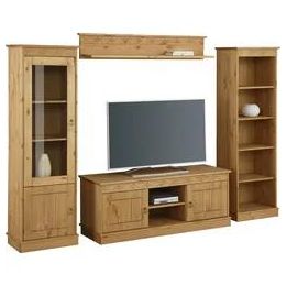 Wohnwand OTTO HOME "Indra", beige (gelaugt, ge&ouml;lt), B:212cm H:145cm T:32cm, Kastenm&ouml;bel-Sets, Wohnwand, 4-teiliges Set: Vitrine, Lowboard, Wand- & Standregal, Kiefer massiv