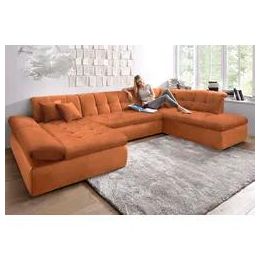 Wohnlandschaft DOMO collection "NMoric im XXL-Format, B/T/H: 353/216/80 cm, incl. Zierkissen U-Form", orange (terrakotta), B:353cm H:80cm T:216cm, Microfaser PRIMABELLE (100% Polyester);Chenille (85% Polyester, 15% Acryl);Luxus-Microfaser (100% Polyester);Struktur ( 100% Polyester), Sofas, Wohnlandschaft, wahlweise mit Bettfunktion und Armlehnenverstellung, Topseller