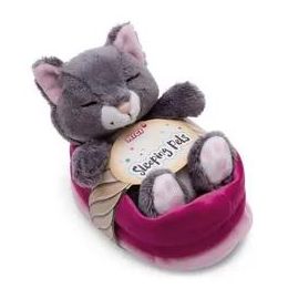 Nici - Sleeping Pets - Green - Kuscheltier Katze grau 12cm schlafend im K&ouml;rbchen rosa