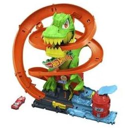 Mattel Hot Wheels City T-Rex-Feuerschlacht Spielset und Die-Cast-Spielzeugauto im Ma&szlig;stab 1:64, gegnerischer Dinosaurier
