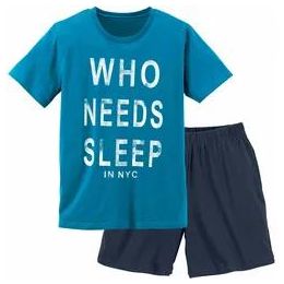Pyjama AUTHENTIC LE JOGGER, Jungen, Gr. 146/152, bunt (t&uuml;rkis, marine), Jersey, Obermaterial: 100% Baumwolle, bedruckt, Basic, bequem kurz, Rundhals, abgesteppte Kante, Homewear-Sets Pyjama, Schlafanzug mit Spruch "Who needs sleep"