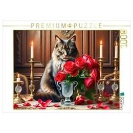 Calvendo Puzzle Katze hinter Rosenstrau&szlig; mit Kerzen auf Gr&uuml;nderzeit-Tisch 1000 Teile Lege-Gr&ouml;&szlig;e 64x48cm Foto-Puzzle f&uuml;r gl&uuml;ckliche Stunden