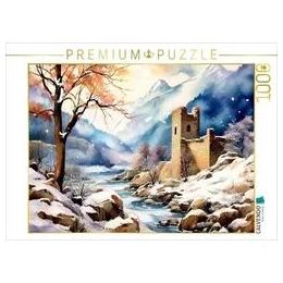 Calvendo Puzzle Schnee f&auml;llt auf den Gebirgsbach und die Burgruine. 1000 Teile Lege-Gr&ouml;&szlig;e 64x48cm Foto-Puzzle f&uuml;r gl&uuml;ckliche Stunden