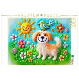 Calvendo Puzzle Fr&uuml;hlingsfreude mit Hund und Vogel in Filztechnik 1000 Teile Lege-Gr&ouml;&szlig;e 64x48cm Foto-Puzzle f&uuml;r gl&uuml;ckliche Stunden