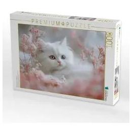 Calvendo Puzzle Weisse Katze in rosa Blumen 1000 Teile Lege-Gr&ouml;&szlig;e 64x48cm Foto-Puzzle f&uuml;r gl&uuml;ckliche Stunden
