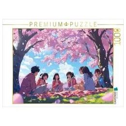Calvendo Puzzle Anime Kirschbl&uuml;ten-Picknick - Kawaii Manga-Szene mit Freunden unter Sakura B&auml;umen 1000 Teile Lege-Gr&ouml;&szlig;e 64x48cm Foto-Puzzle f&uuml;r gl&uuml;ckliche Stunden