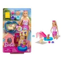 Barbie Pool Party-Spielset f&uuml;r Welpen mit Puppe, Hundeh&uuml;tte und Rutsche, 2 Tierfiguren und 6 Zubeh&ouml;rteilen