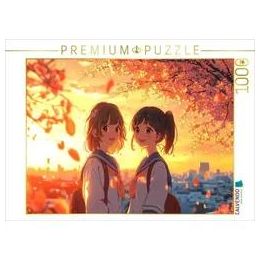 Calvendo Puzzle Shoujo Anime im Sonnenuntergang - Freundinnen in Schuluniform unter Kirschbl&uuml;ten 1000 Teile Lege-Gr&ouml;&szlig;e 64x48cm Foto-Puzzle f&uuml;r gl&uuml;ck