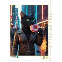 Calvendo Puzzle Coole schwarze Katze mit Donut - urbanes Katzenbild f&uuml;r Trendsetter 1000 Teile Lege-Gr&ouml;&szlig;e 64x48cm Foto-Puzzle f&uuml;r gl&uuml;ckliche Stunden