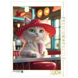 Calvendo Puzzle Katzen-Diva im Diner mit Milchshake - lustiges Retro-Motiv f&uuml;r Katzenfreunde 2000 Teile Lege-Gr&ouml;&szlig;e 90x67cm Foto-Puzzle f&uuml;r gl&uuml;cklich