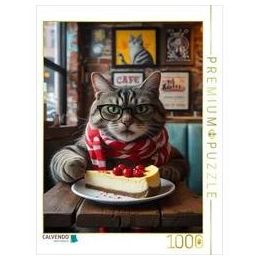 Calvendo Puzzle Caf&eacute;-Katze mit Brille und Kuchen - witziges Katzenbild im Hipster-Stil 1000 Teile Lege-Gr&ouml;&szlig;e 64x48cm Foto-Puzzle f&uuml;r gl&uuml;ckliche Stun