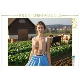 Calvendo Puzzle Barbusige B&auml;uerin im Dirndl auf Bauernhof mit K&uuml;hen 1000 Teile Lege-Gr&ouml;&szlig;e 64x48cm Foto-Puzzle f&uuml;r gl&uuml;ckliche Stunden