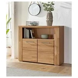 Kommode OTTO HOME "Celle,90cm breit,35 cm tief, Fronten Massivholz", braun (eiche teilmassiv, eichefarben), B:90cm H:80cm T:35cm, Holz teilmassiv, Sideboards, Kommode, Holz massiv, Holzwerkstoff, Metall Griffe,3 breite F&auml;cher