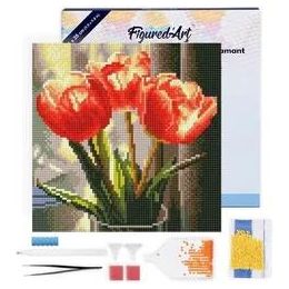 FiguredArt DP-SFA194-Y - Mini Diamond Painting, Pfirsichfarbene Tulpen, Leinwand-Keilrahmen (25x25cm), DIY Bastelset