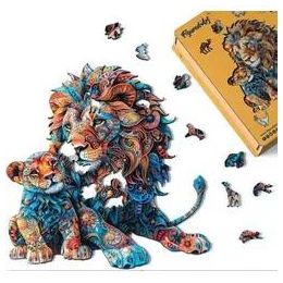FiguredArt HNWP805 - Holzpuzzle Erwachsene - L&ouml;we und Junges, 200 Teile, 26,9x28,8 cm