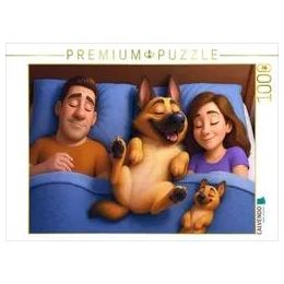 Calvendo Puzzle Familienfrieden - Sch&auml;ferhund schl&auml;ft im Bett 1000 Teile Lege-Gr&ouml;&szlig;e 64x48cm Foto-Puzzle f&uuml;r gl&uuml;ckliche Stunden