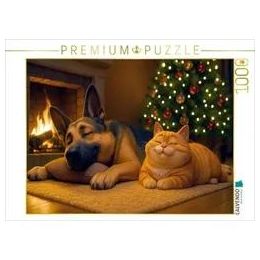 Calvendo Puzzle Weihnachtsentspannung - Sch&auml;ferhund und Katze am Kamin 1000 Teile Lege-Gr&ouml;&szlig;e 64x48cm Foto-Puzzle f&uuml;r gl&uuml;ckliche Stunden