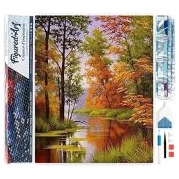 FiguredArt DP-508 - Diamond Painting, See im Herbst, 5D Bild (40x50cm) mit eckigen Steinen, DIY Bastelset
