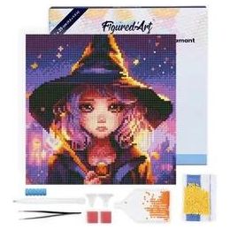 FiguredArt DP-SFA168-Y - Mini Diamond Painting, Bezaubernde Kleine Hexe, Leinwand-Keilrahmen (25x25cm), DIY Bastelset