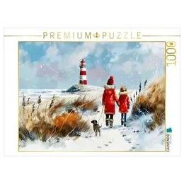 Calvendo Puzzle Winterspaziergang mit Hund am Meer Aquarellbild 1000 Teile Lege-Gr&ouml;&szlig;e 64x48cm Foto-Puzzle f&uuml;r gl&uuml;ckliche Stunden