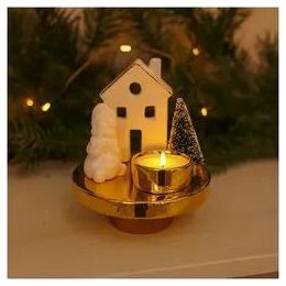 HTI-Living Teelichthalter Weihnachtsdeko Schneemann Haus Tannenbaum Keramik Gold Wei&szlig;