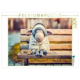 Calvendo Puzzle Schaf schl&auml;ft mit Kopfh&ouml;rern auf Parkbank 1000 Teile Lege-Gr&ouml;&szlig;e 64x48cm Foto-Puzzle f&uuml;r gl&uuml;ckliche Stunden