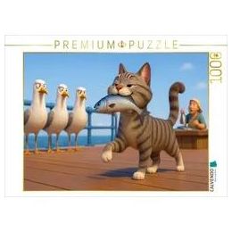 Calvendo Puzzle Was sagt ihr nun - Cartoon Katze mit Fisch 1000 Teile Lege-Gr&ouml;&szlig;e 64x48cm Foto-Puzzle f&uuml;r gl&uuml;ckliche Stunden