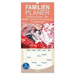 Familienplaner 2026 - Geisha-Katzen - Mit Bl&uuml;ten, Schirm und Bambus im Japanstil mit 5 Spalten (Wandkalender, 21 x 45 cm) Calvendo