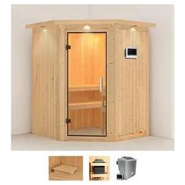 Sauna Karibu "Larin", beige (naturbelassen), Bio-Kombiofen, externe Steuerung, 9 kW, Saunen, Ofen 9 kW Bio externe Strg easy