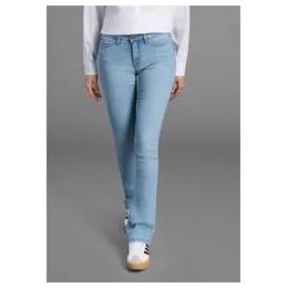 Bootcut-Jeans Arizona "Baby-Boot", Damen, Gr. 18, K + L Gr, blau (bleached), Denim/Jeans, Obermaterial: 79% Baumwolle, 19% Polyester, 2% Elasthan, Basic, eng lang, Jeans, Bootcut-Stil, figurbetonte Passform, mit Used-Effekten, Topseller