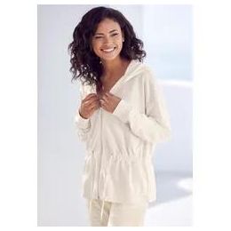 Sweatjacke Lascana, Damen, Gr. 44/46, beige (ecru), angeraute Sweatware, Obermaterial: 50% Baumwolle, 50% Polyester, unifarben, bequem h&uuml;ftlang, Rippb&uuml;ndchen, Sweatjacken Sweatjacke, mit Tunnelzug in der Taille, Loungewear